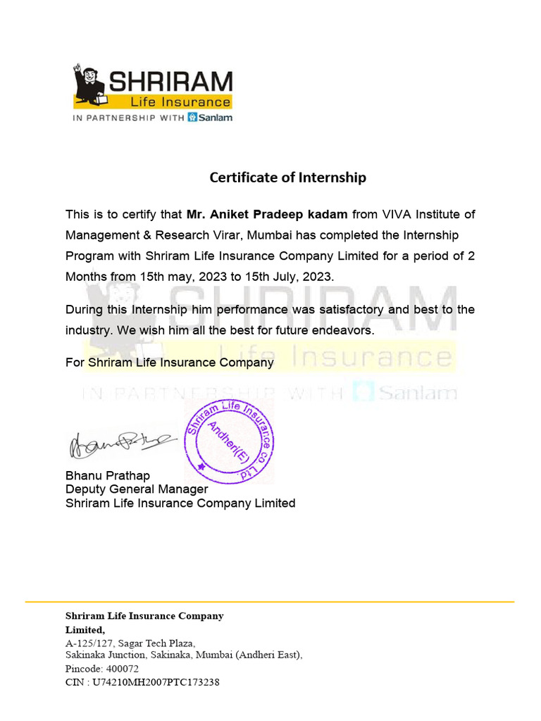 Shriram Life Insurance Internship Certificate | PDF
