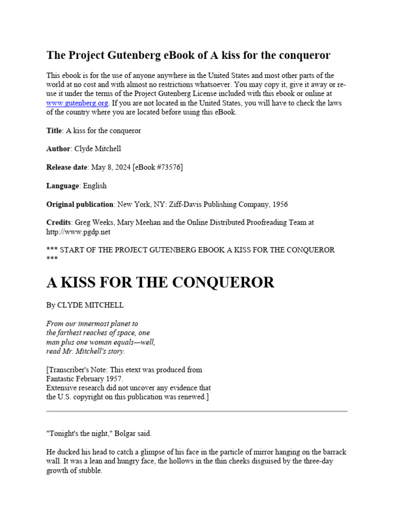 A Kiss For The Conqueror | PDF | Project Gutenberg | License