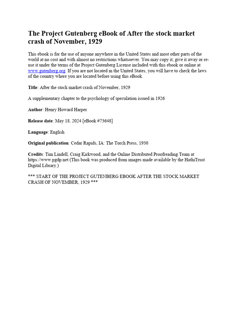 After The Stock Market Crash of November | PDF | Project Gutenberg | Copyright