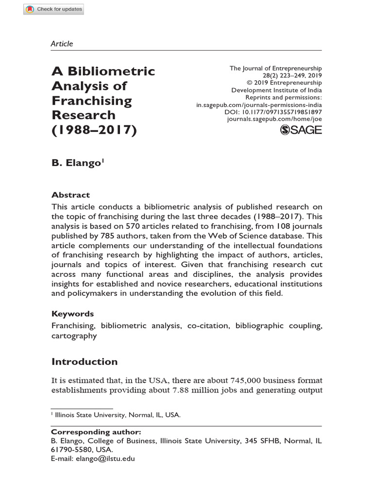 Elango 2019 A Bibliometric Analysis of Franchising Research (1988 2017) | PDF | Franchising ...