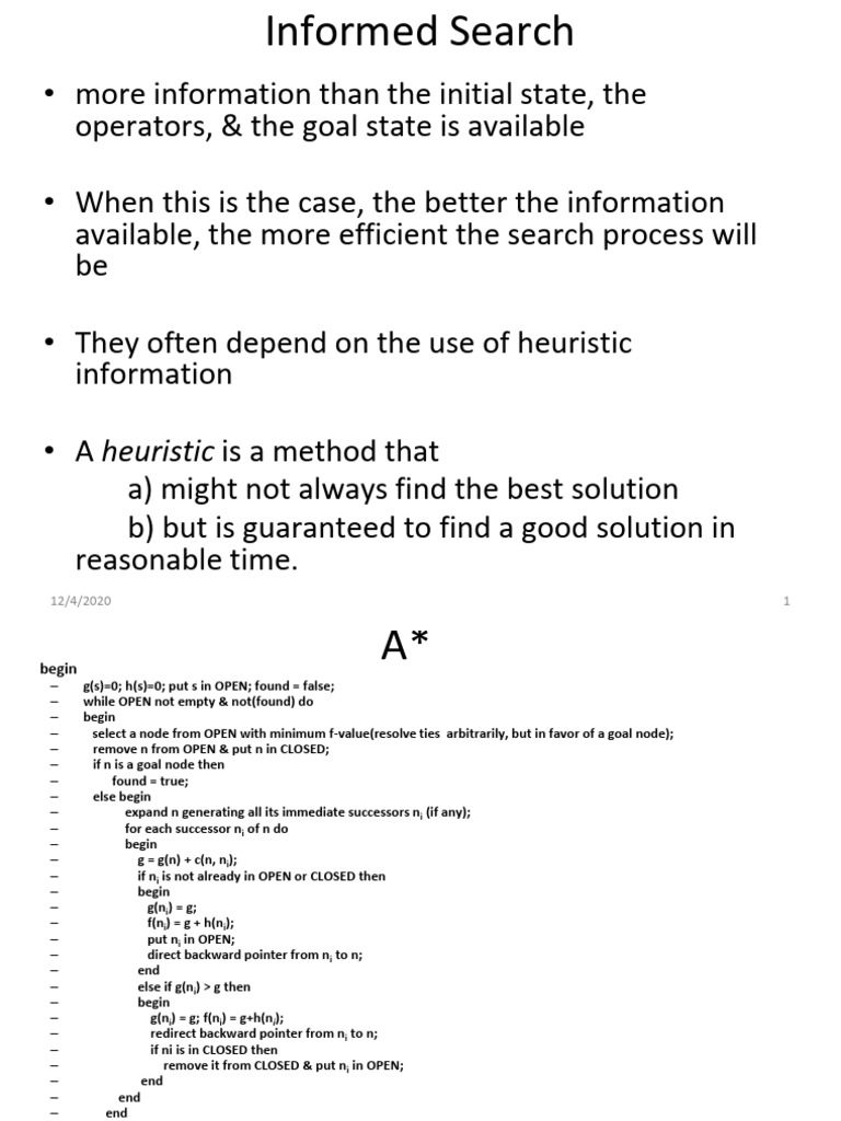 Heuristic - Search (Informed) Fall 2020 | PDF | Theoretical Computer ...