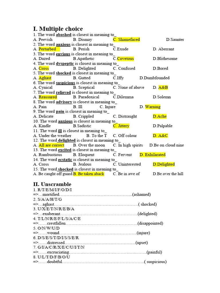 Synonym Exercise (With Key) | PDF