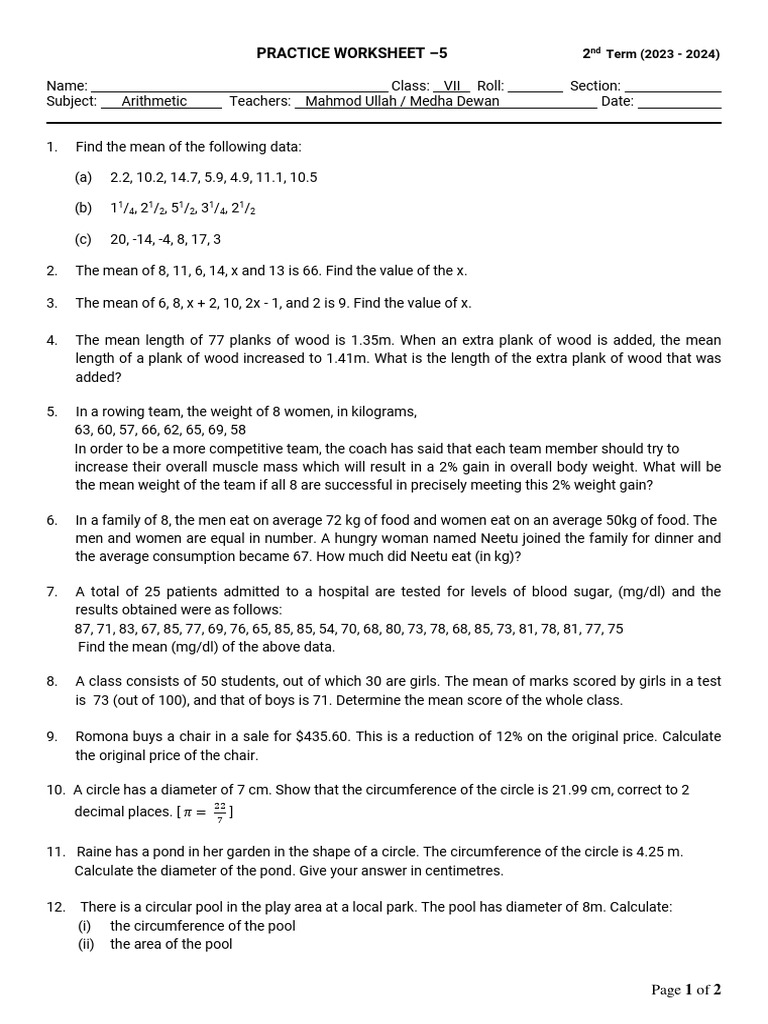 Class Vii Arithmetic Pws 5 Download Free Pdf Area Circle