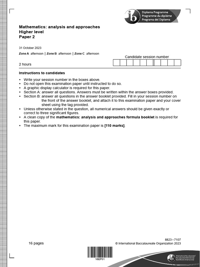 Mathematics: Analysis and Approaches Higher Level Paper 2: Instructions ...