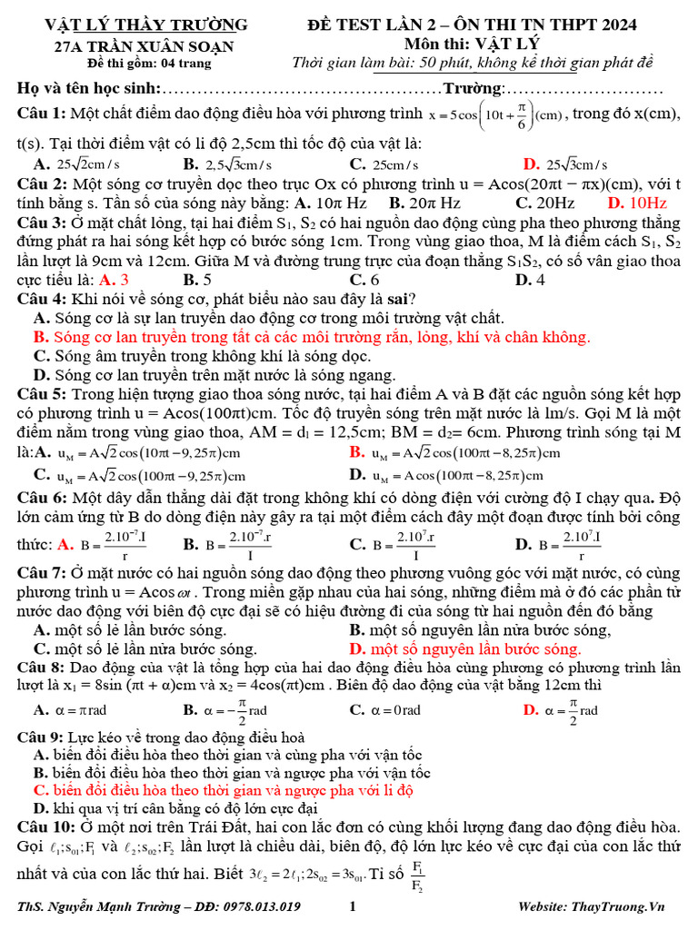 GCT-ĐỀ TEST CHƯƠNG 1,2 VL11 | PDF