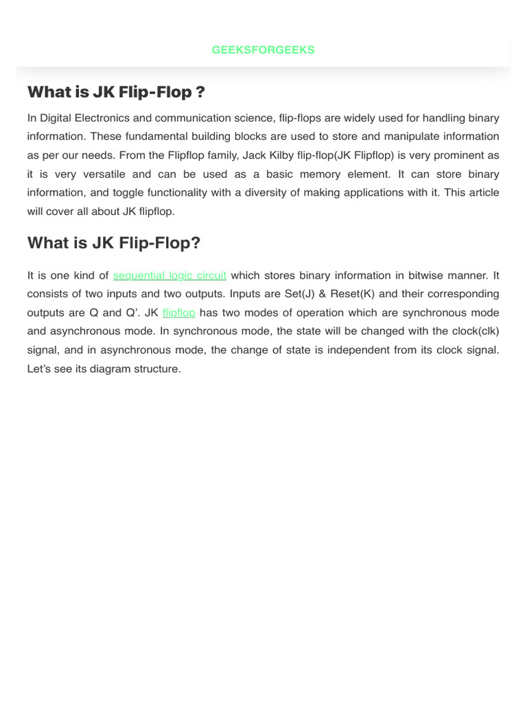 What Is JK Flip-Flop ? - GeeksforGeeks | PDF | Computer Engineering | Computing