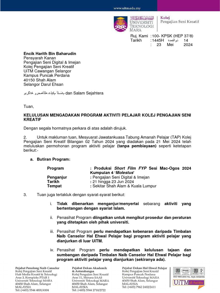 Surat Kelulusan Program Produksi Short Film FYP Sesi Mac-Ogos 2024 Kumpulan 4 'MOLESTUS' - Tanpa ...