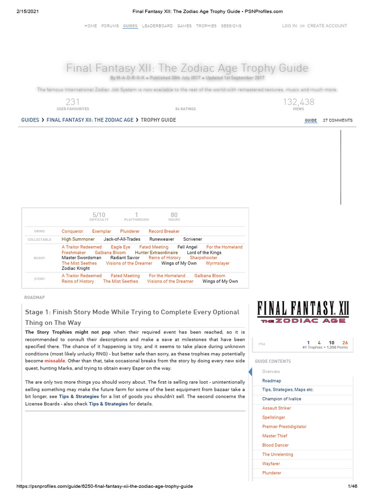 Final Fantasy XII_ The Zodiac Age Trophy Guide • PSNProfiles.com | PDF