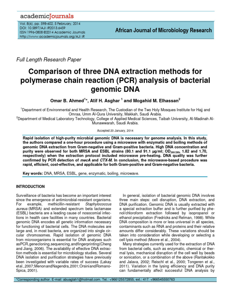 Ahmed - Comparison of Three DNA Extraction Methods | PDF | Gel ...