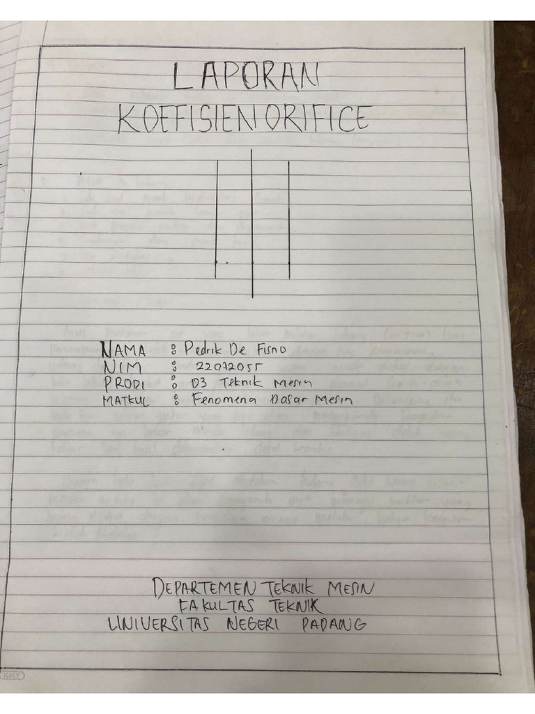 Laporan Koefisien Orifice - Pedrik de Fisno - 22072055 | PDF