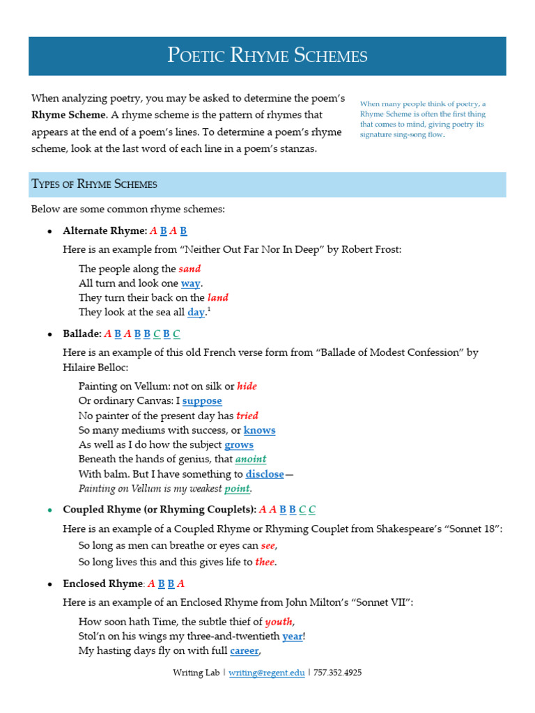 Regent Writing Lab Reading Poetic Rhyme Schemes | PDF | Poetry | Rhyme