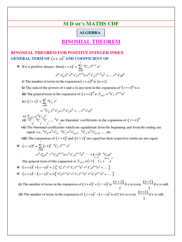 Concepts and Formulas - BINOMIAL THEOREM | Download Free PDF | Mathematics | Arithmetic