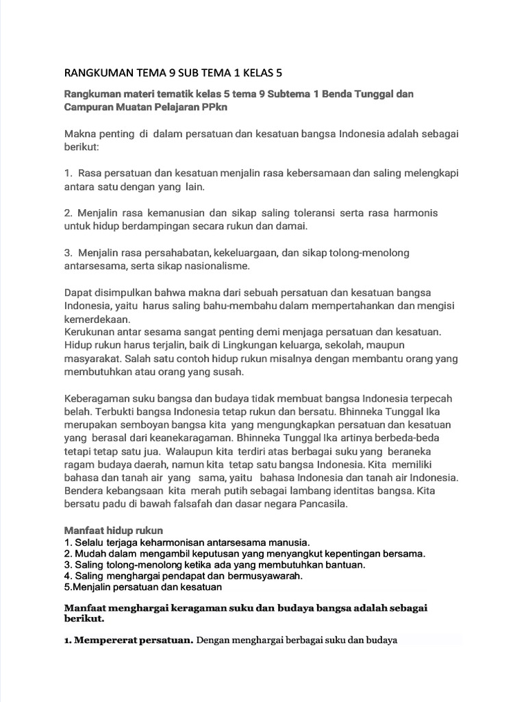 Rangkuman Materi Tema 9 Subtema 1 Kelas 5C | PDF