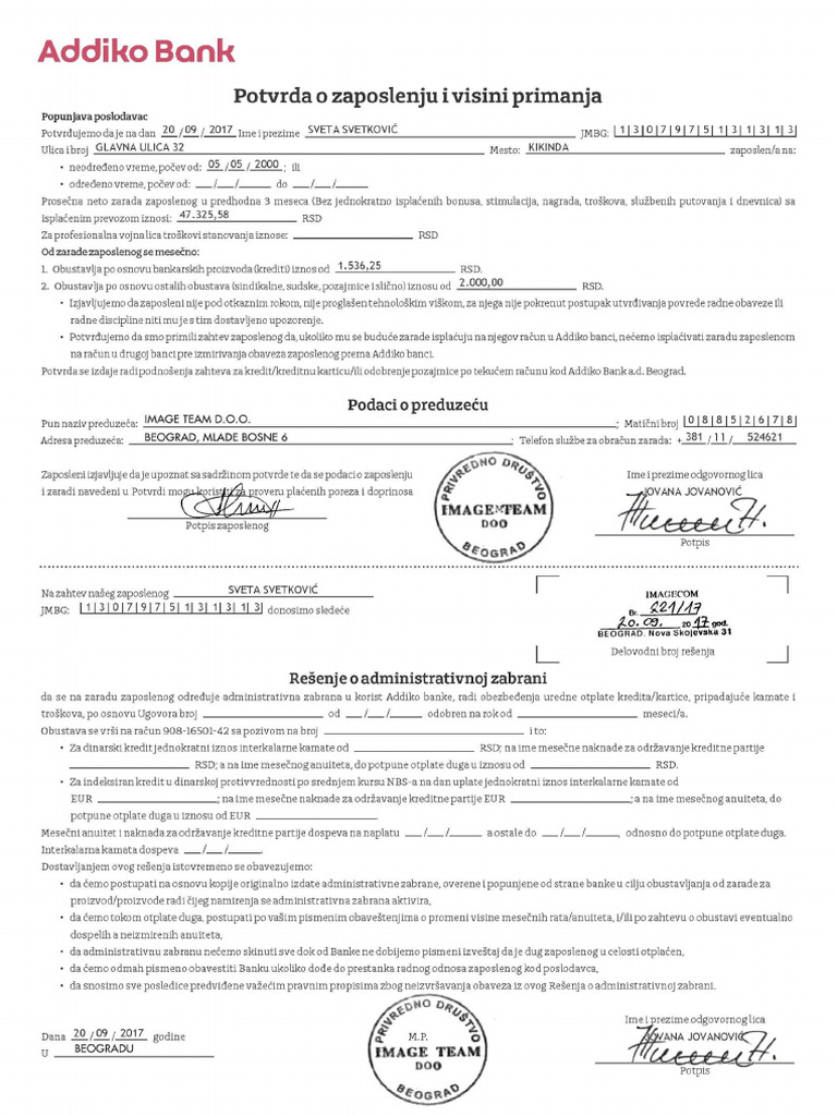 Primer Pravilno Popunjene Potvrde | PDF