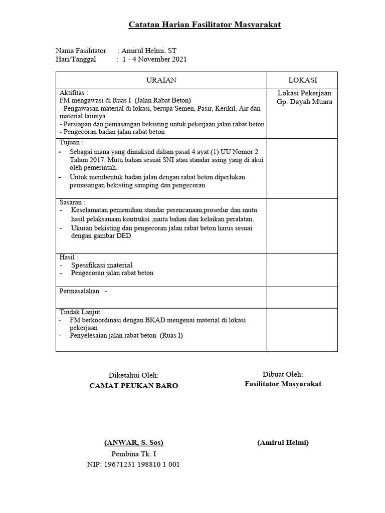 Form 7.8 Catatan Harian FM 1 | PDF