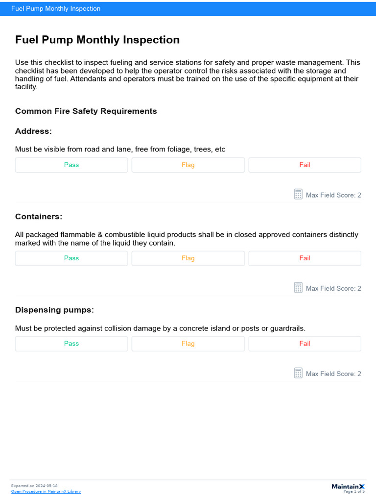 Fuel Pump Monthly Inspection | PDF | Fires | Fire Safety