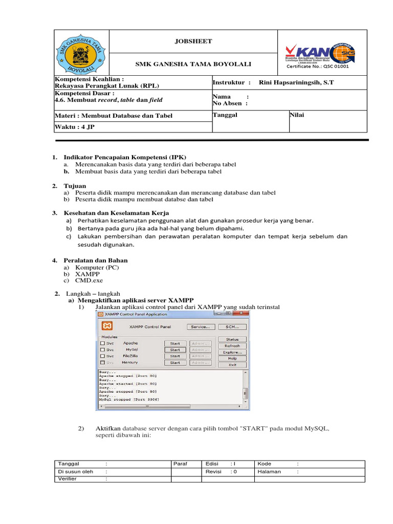 Jobsheet RPL: Membuat Database | PDF
