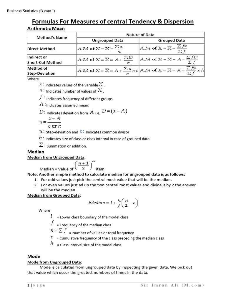 Formulas of Central Tendency Dispersion. | PDF | Mode (Statistics) | Median