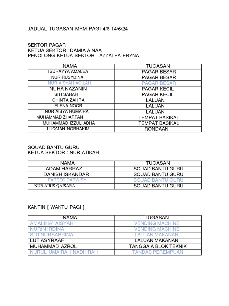 Jadual Tugasan MPM Pagi 444 | PDF