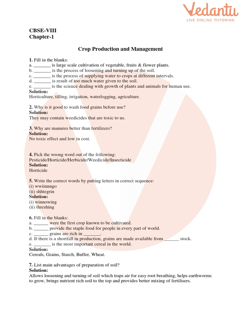 CBSE Class 8 Science Crop Production and Management Worksheets With ...
