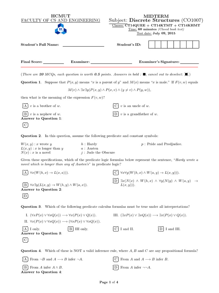 Discrete Structures Midterm Exam HCMUT | PDF | Syntax (Logic) | Mathematics