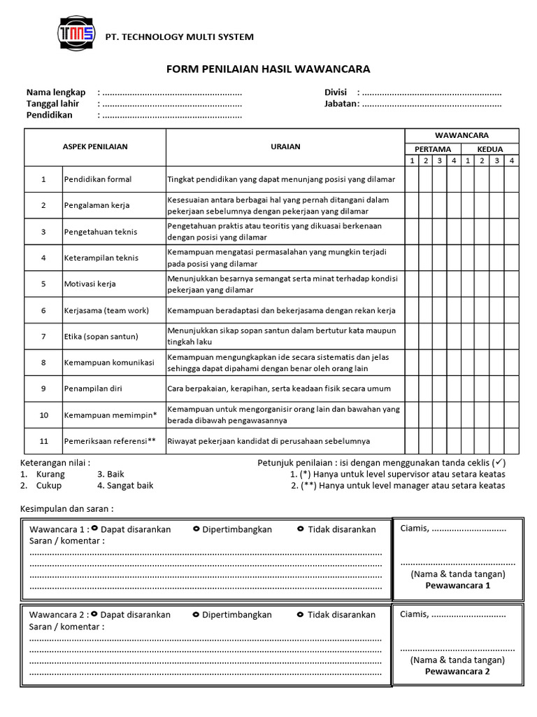 FORM PENILAIAN HASIL WAWANCARA | PDF