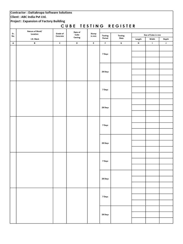Cube Test Register Format | PDF | Building Engineering | Civil Engineering