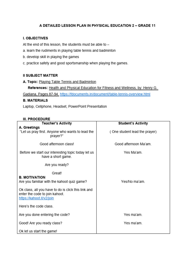 DETAILED LESSON PLAN IN PHYSICAL EDUCATION 2 | PDF | Table Tennis ...