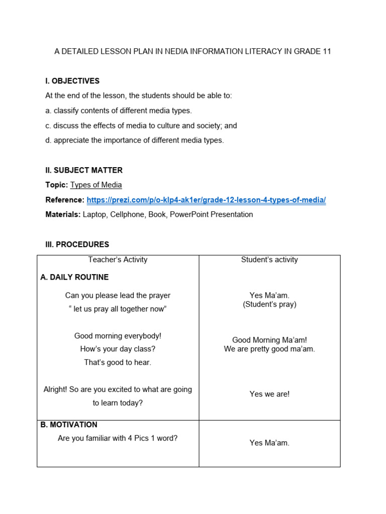 A Detailed Lesson Plan in Media and Information Literacy in Grade 11 ...