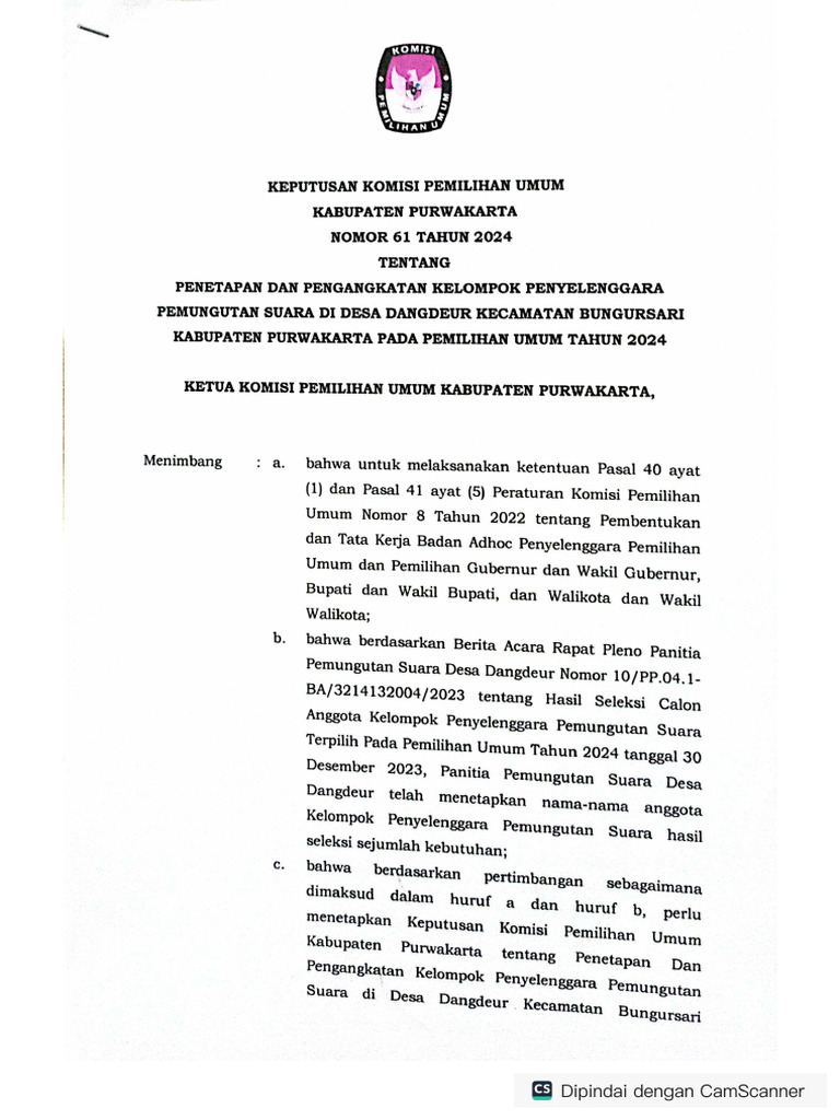 Keputusan KPU No.61 Penetapan Dan Pengangkatan KPPS | PDF