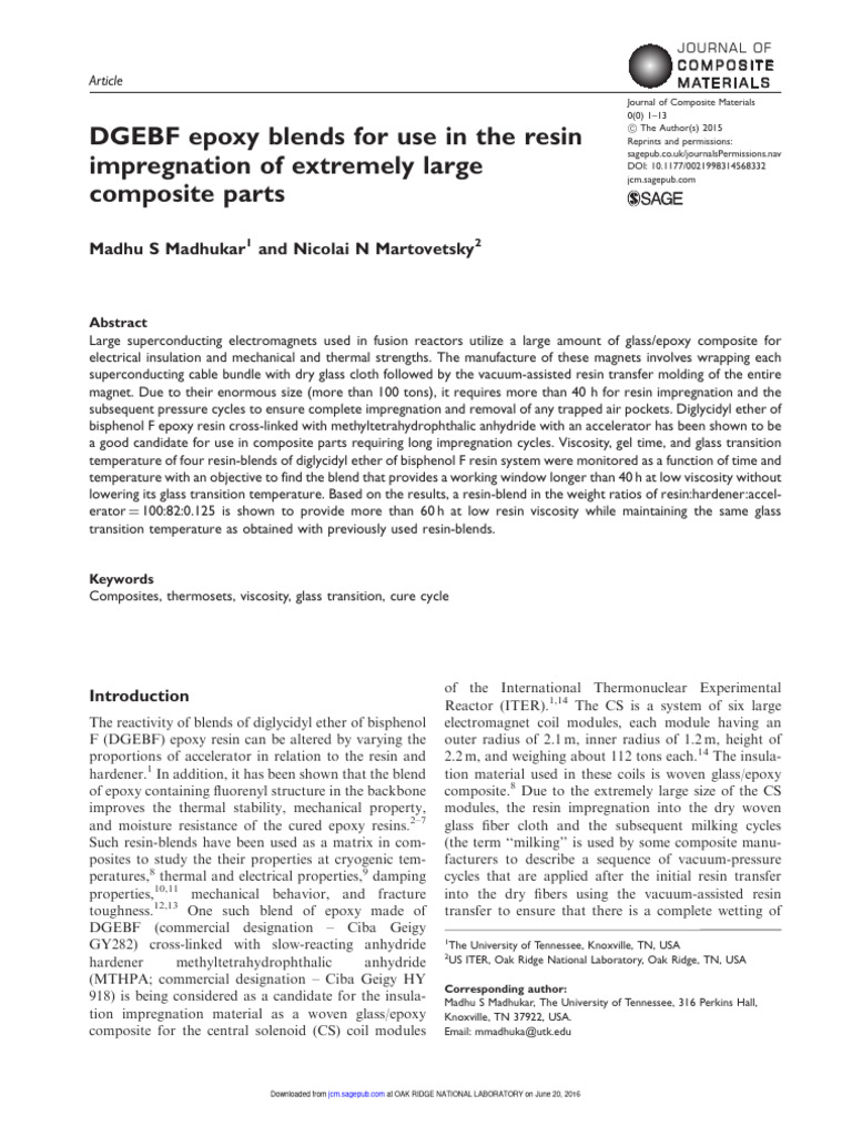 DGEBF Epoxy Blends For Use in The Resin Impregnation of Extremely Large ...