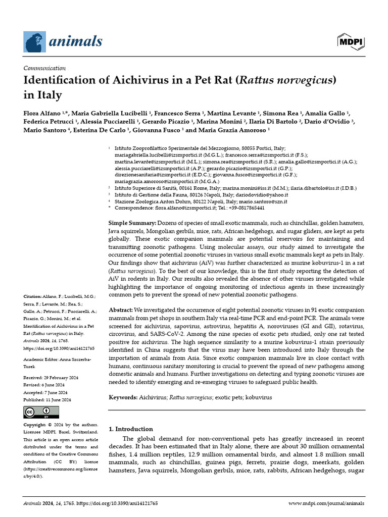 Identification of Aichivirus in A Pet Rat (Rattus Norvegicus) in Italy ...