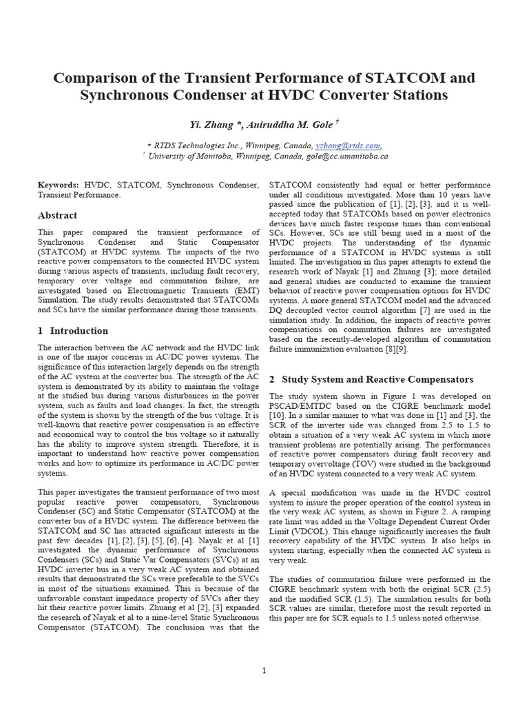 Comparison of the transient performance of STATCOM and Synchronous condenser at HVDC converter ...