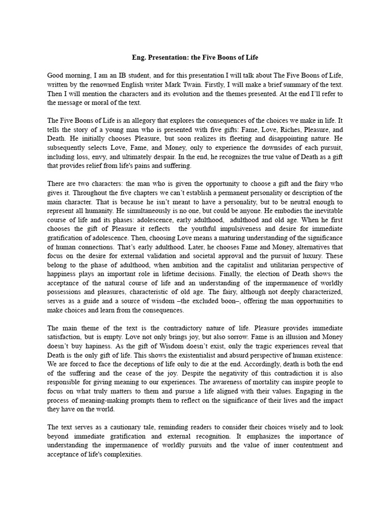 Eng. Presentation_ The Five Boons of Life | PDF | Happiness | Pleasure