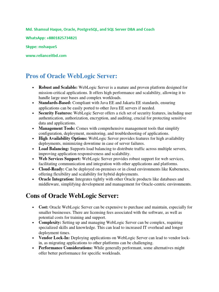 Pros and Cons of Oracle WebLogic Server | PDF | Computer Engineering | Computing