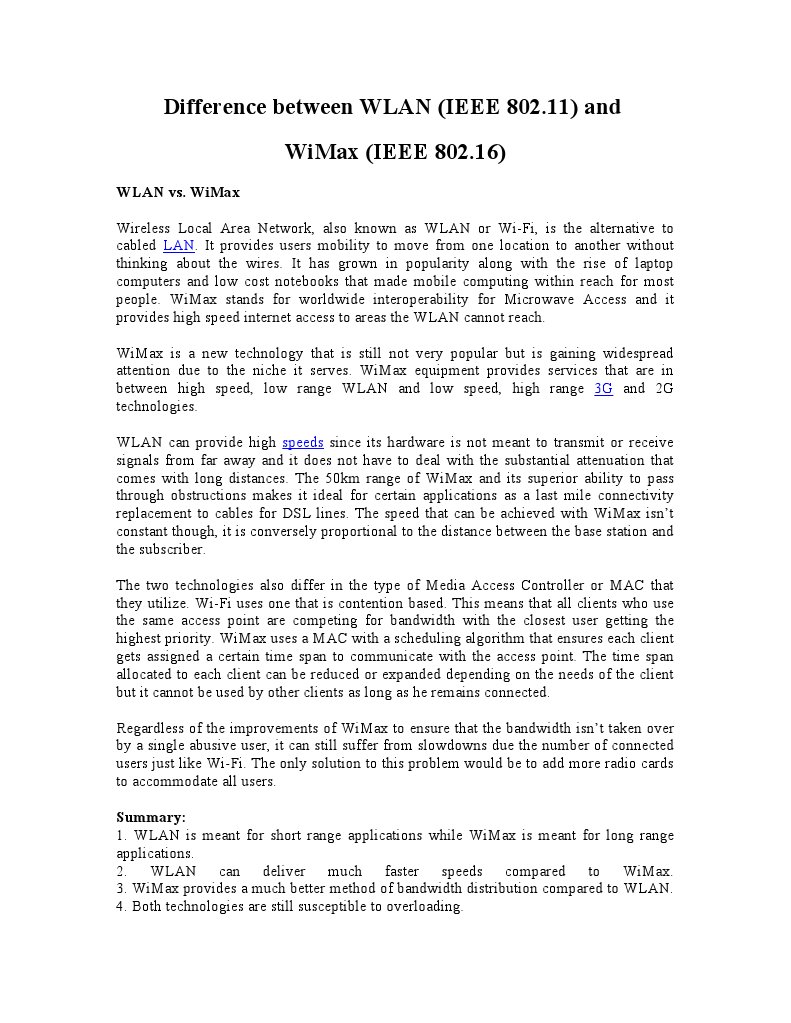 Difference Between WLAN and WiMax | PDF