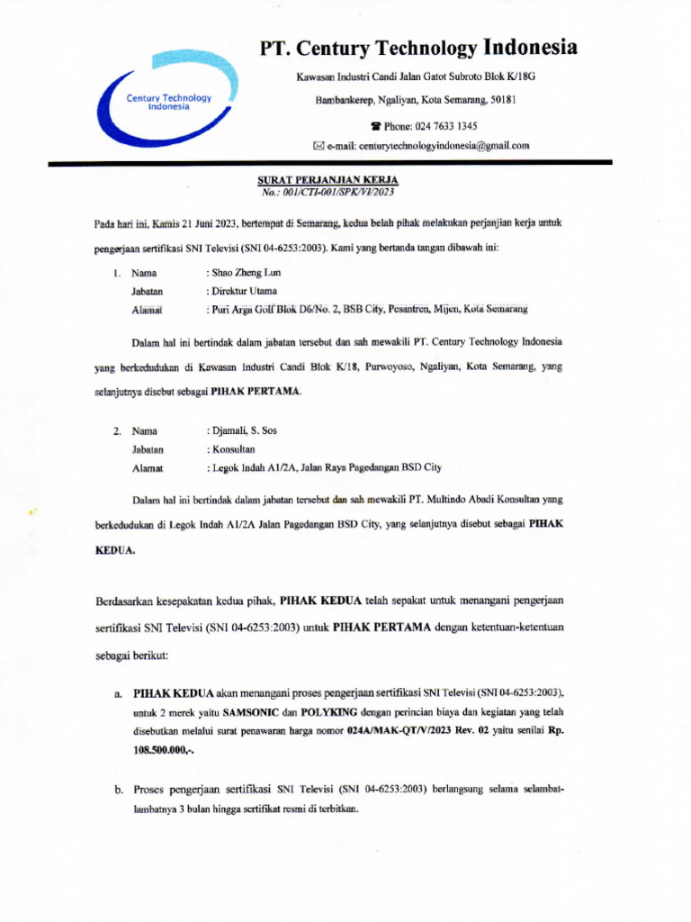 SNI - Perjanjian Kerja LED TV SAMSONIC | PDF