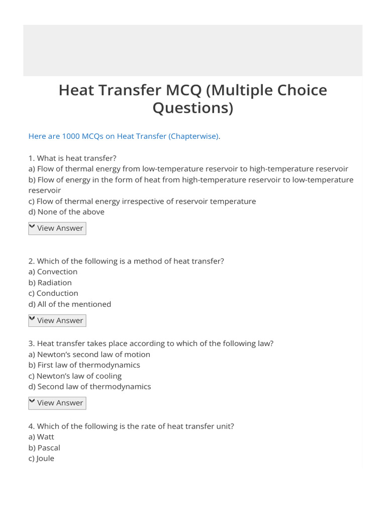 1000 MCQs on Heat Transfer | PDF | Heat Transfer | Thermal Conduction