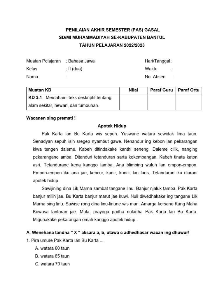Soal PAS Sem 1 Bahasa Jawa Kelas 2 | PDF
