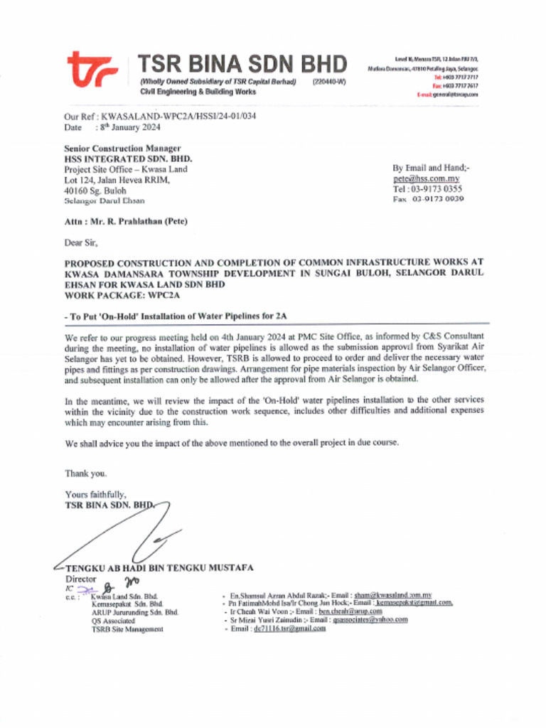 34 - HSSI - To Put 'On-Hold' Installation of Water Pipelines For 2A | PDF