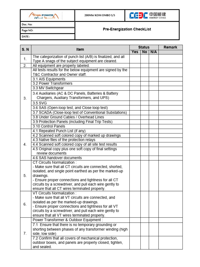 Pre-Energization Check List | PDF | Transformer | Equipment