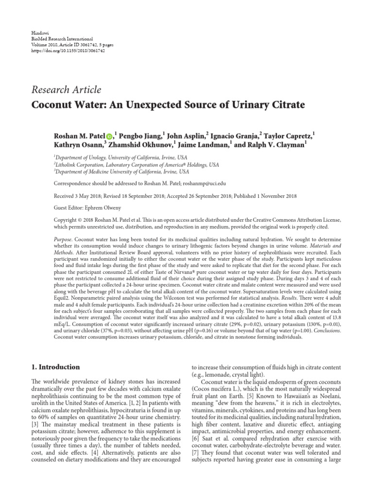 2018 Coconut Water An Unexpected Source of Urinary Citrate | PDF ...