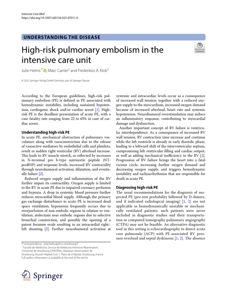 High-Risk Pulmonary Embolism in The Intensive Care Unit | PDF | Heart ...