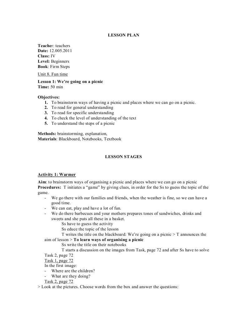 Picnic Lesson Plan for Preschool | PDF