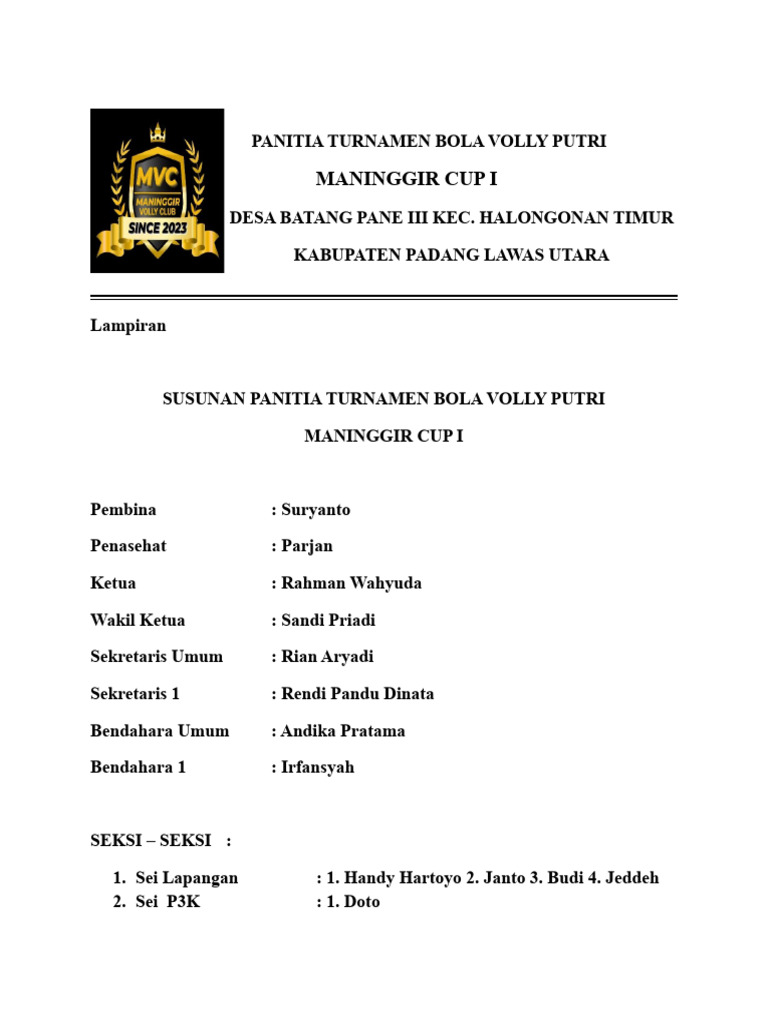 Susunan Panitia Bola Volly Maninggir | PDF