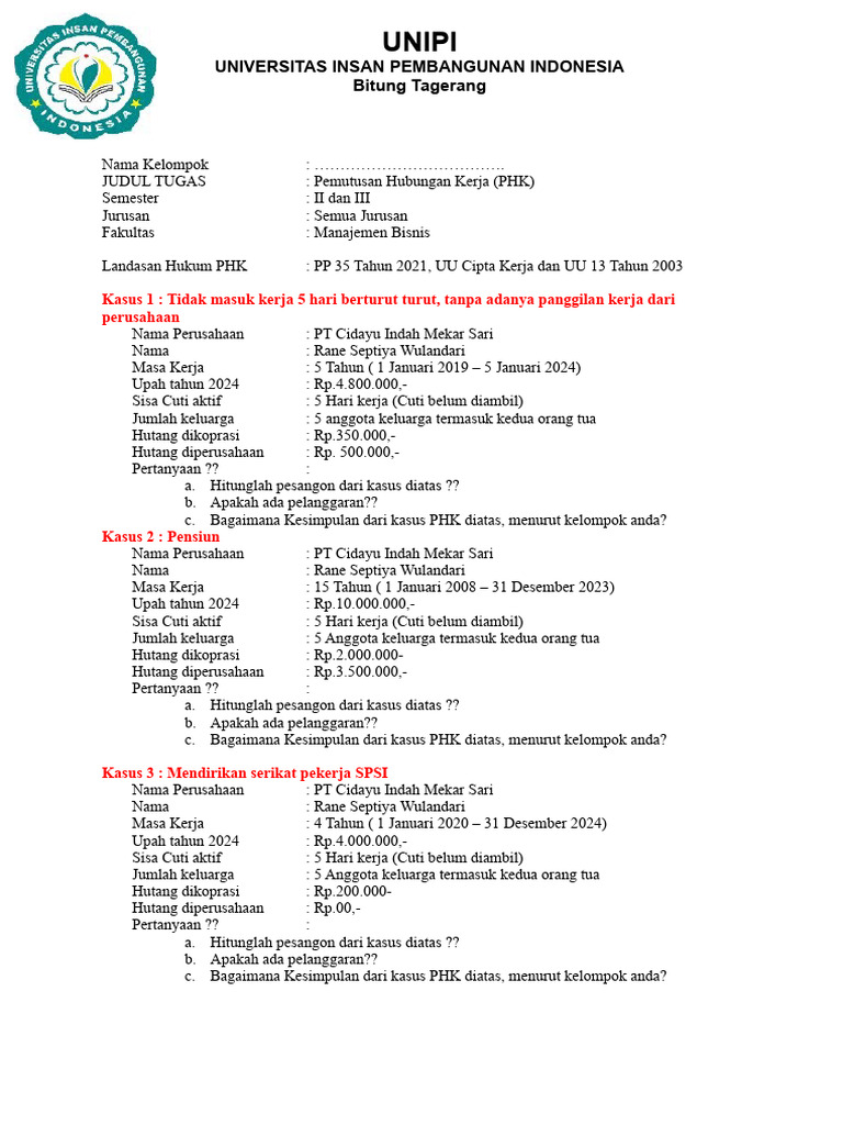Form Tugas Perhitungan PHK | PDF