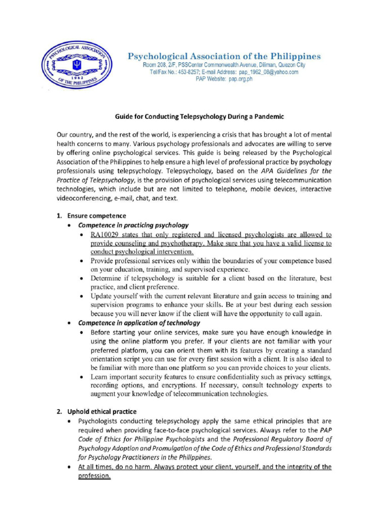 Pap Guidelines For Telepsychology | PDF