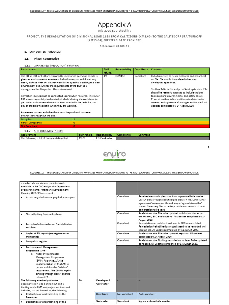 App 7b ECO Appendix A Audit Checklist July 2020 DR16888 Calitzdorp | PDF | Road | Lighting