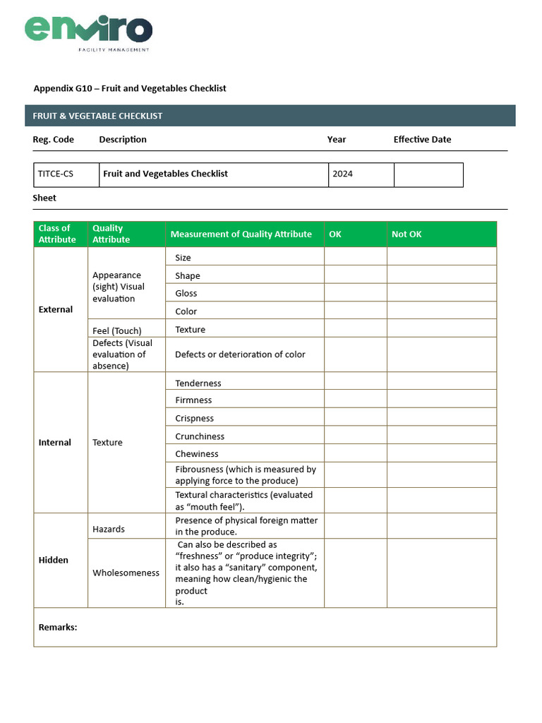 Appendix G10 - Fruit and Vegetables Checklist | PDF