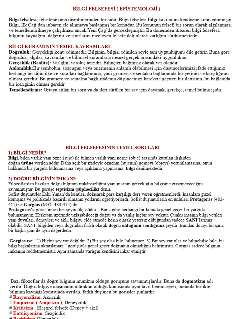 10.sinif Felsefe 8.ders Notlari Bi̇lgi̇ Felsefesi̇ | PDF